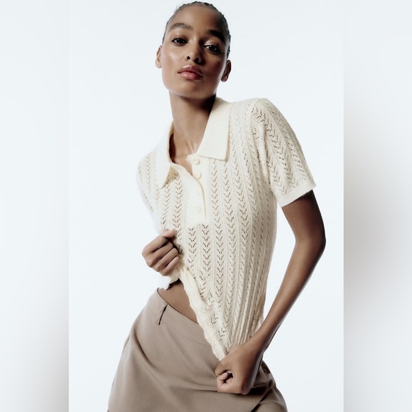 Zara | Tops | Zara Ecru Openwork Soft Polo Shirt | Poshmark